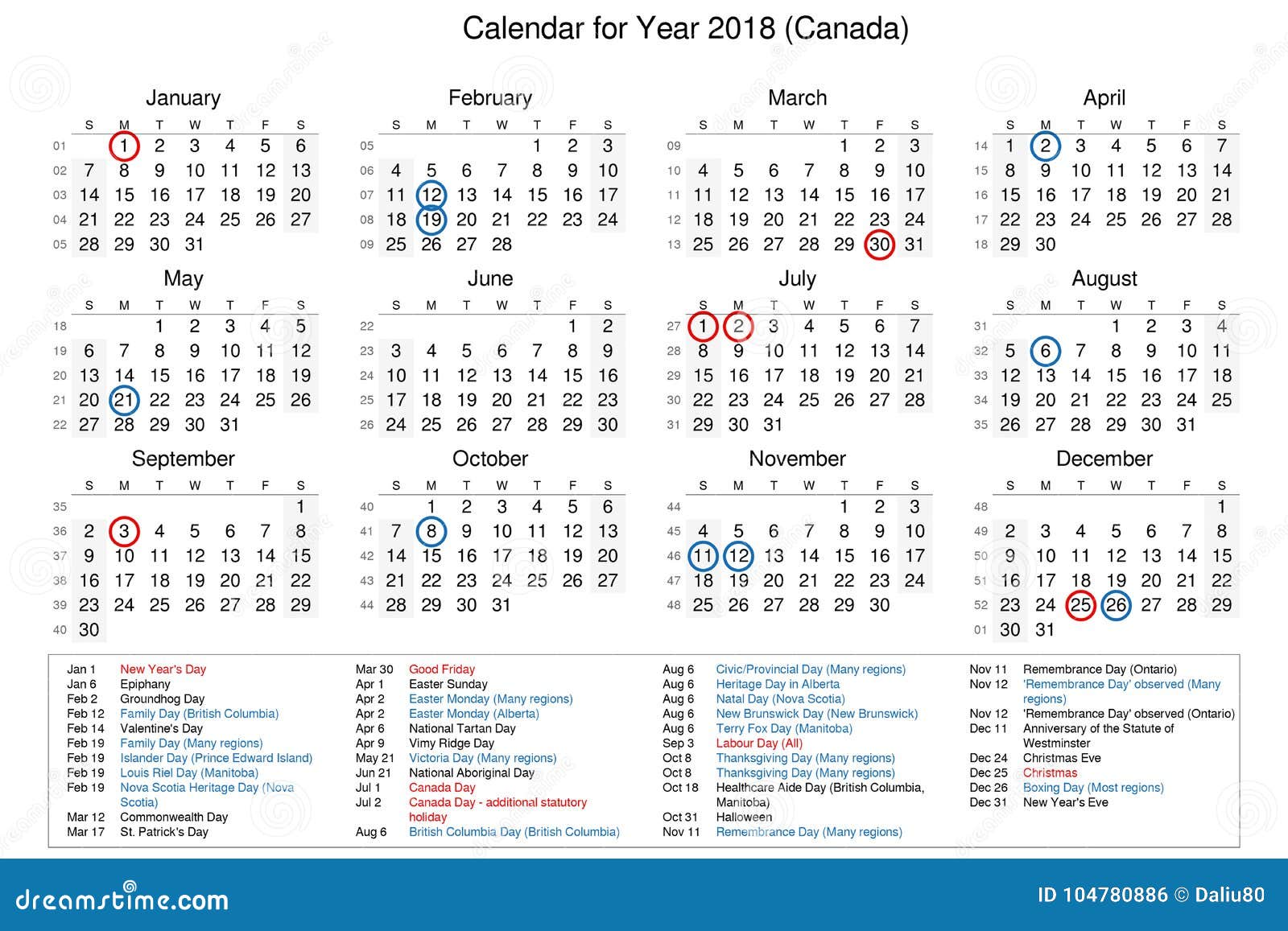 Calendar of Year 2018 with Public Holidays and Bank Holidays for Stock ...