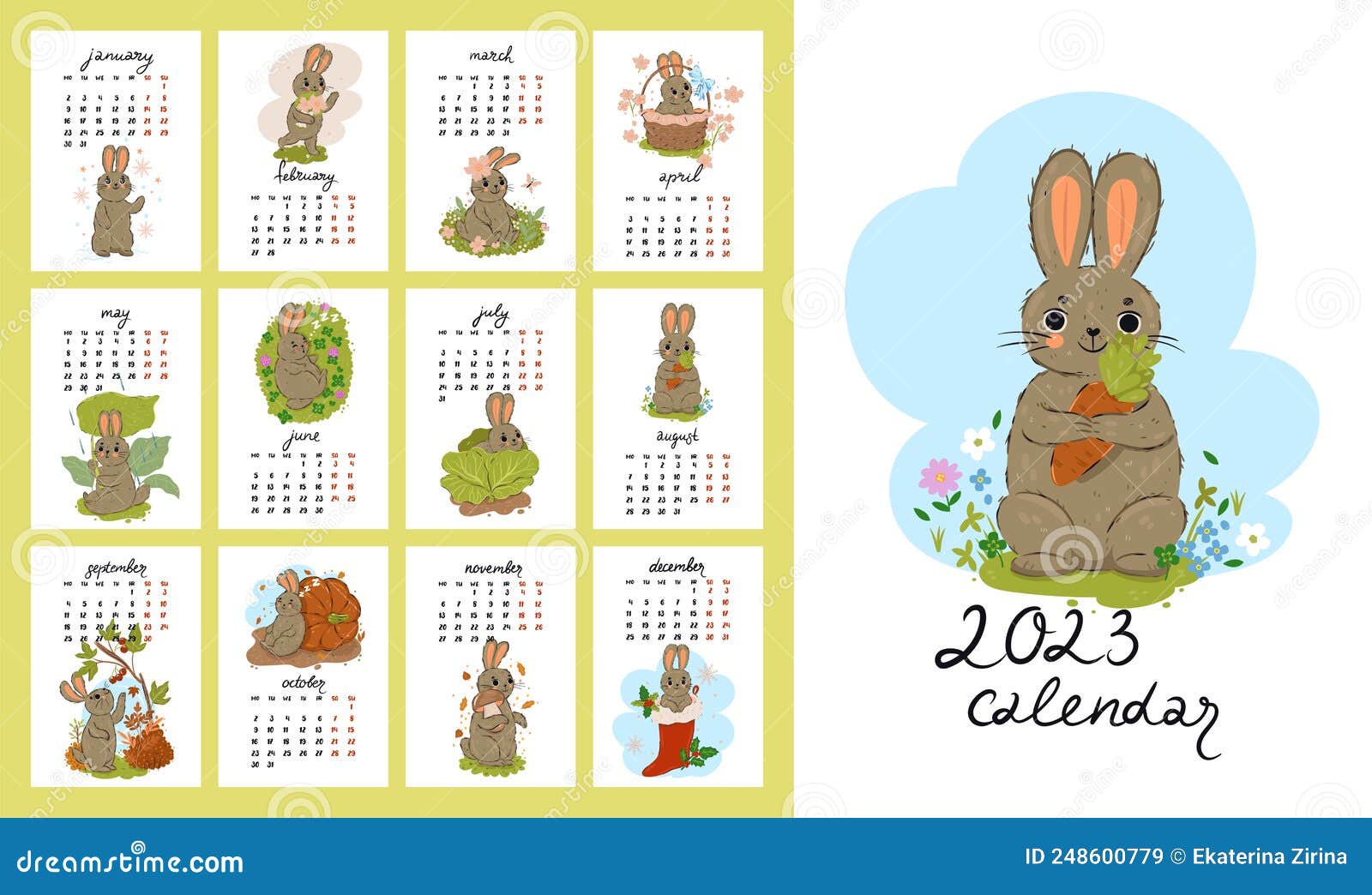 Calendar for 2023 Year of the Rabbit with Cute Characters. Vector ...