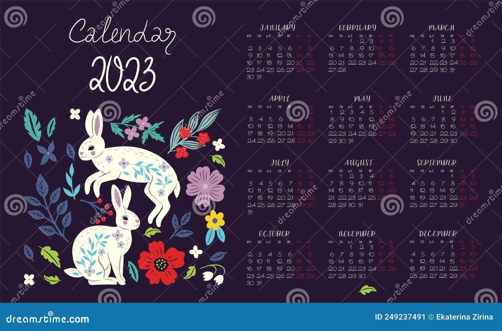 Calendar for 2023 Year of the Rabbit. Vector Graphics Stock ...