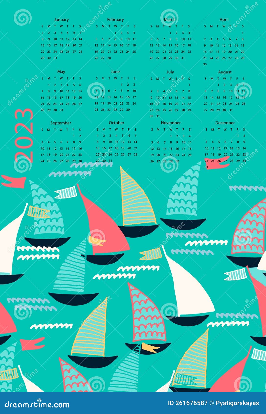 Calendar for Year 2023 with Sailboats on Turquoise Background Stock ...