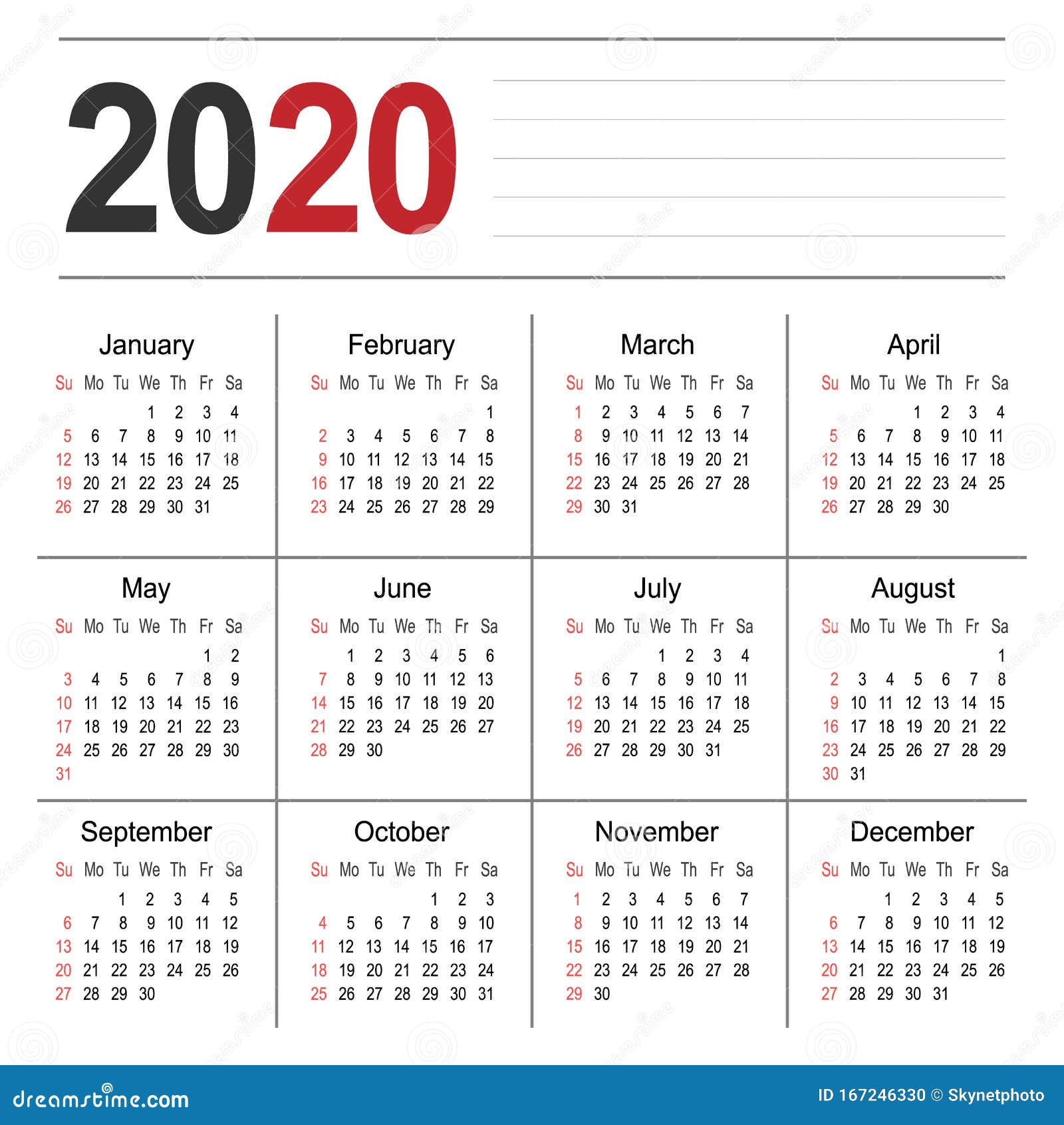 Calendar 2020 Year Simple and Clean Design Template Stock Vector ...