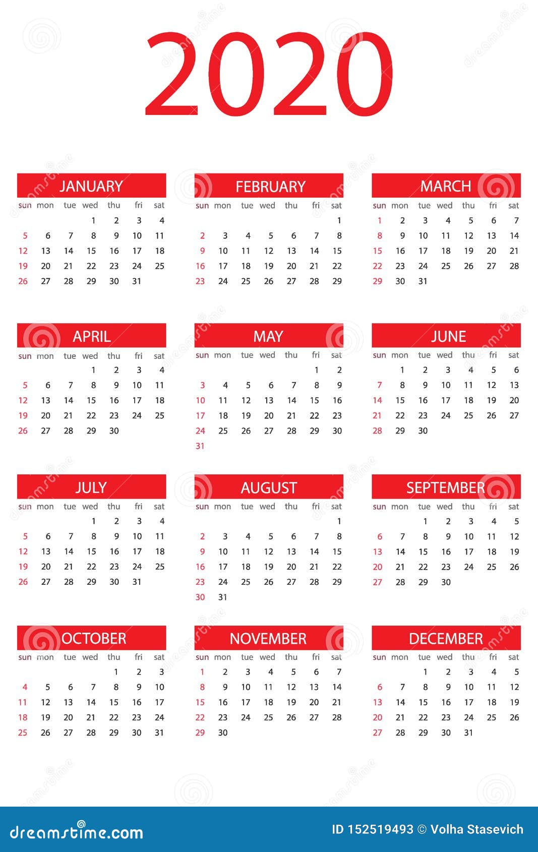 Calendar 2020 Year, Simple Design Template, Vertical Format, Week ...