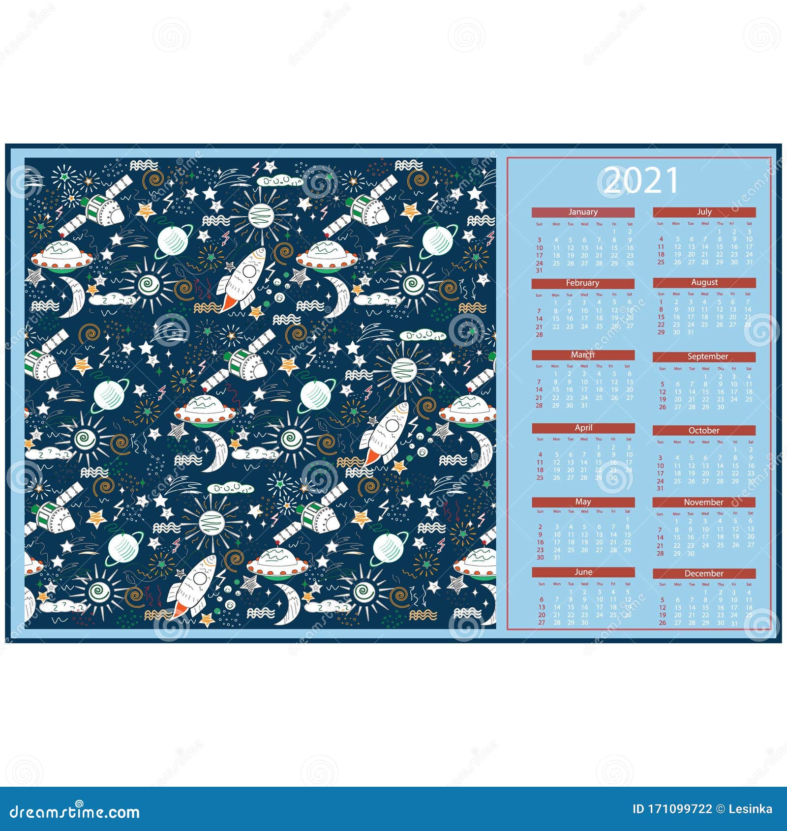 Calendar for 2021 on the Theme Space Stock Vector - Illustration of ...