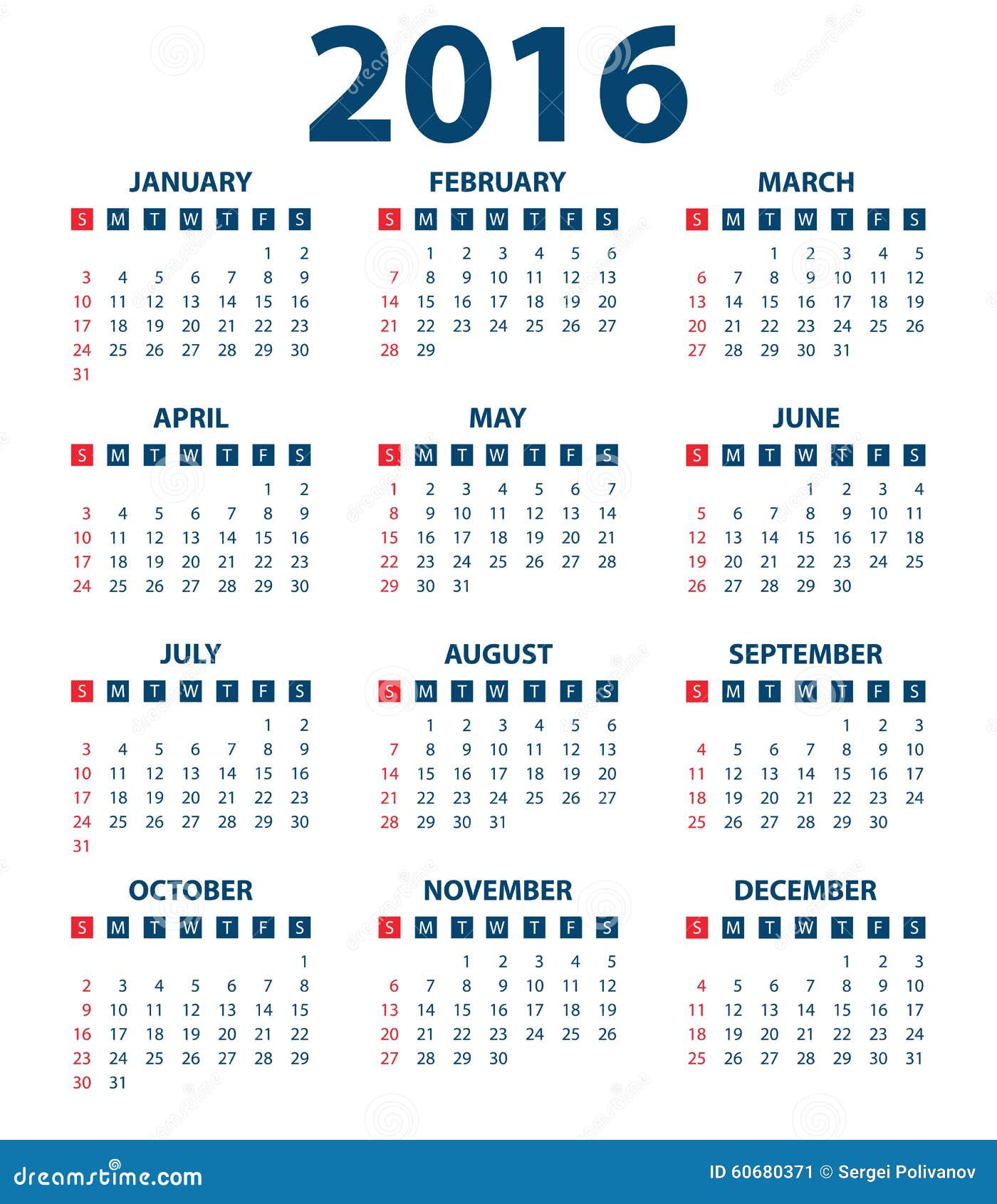 Calendar for the Year 2016. Vector Illustration Stock Vector ...