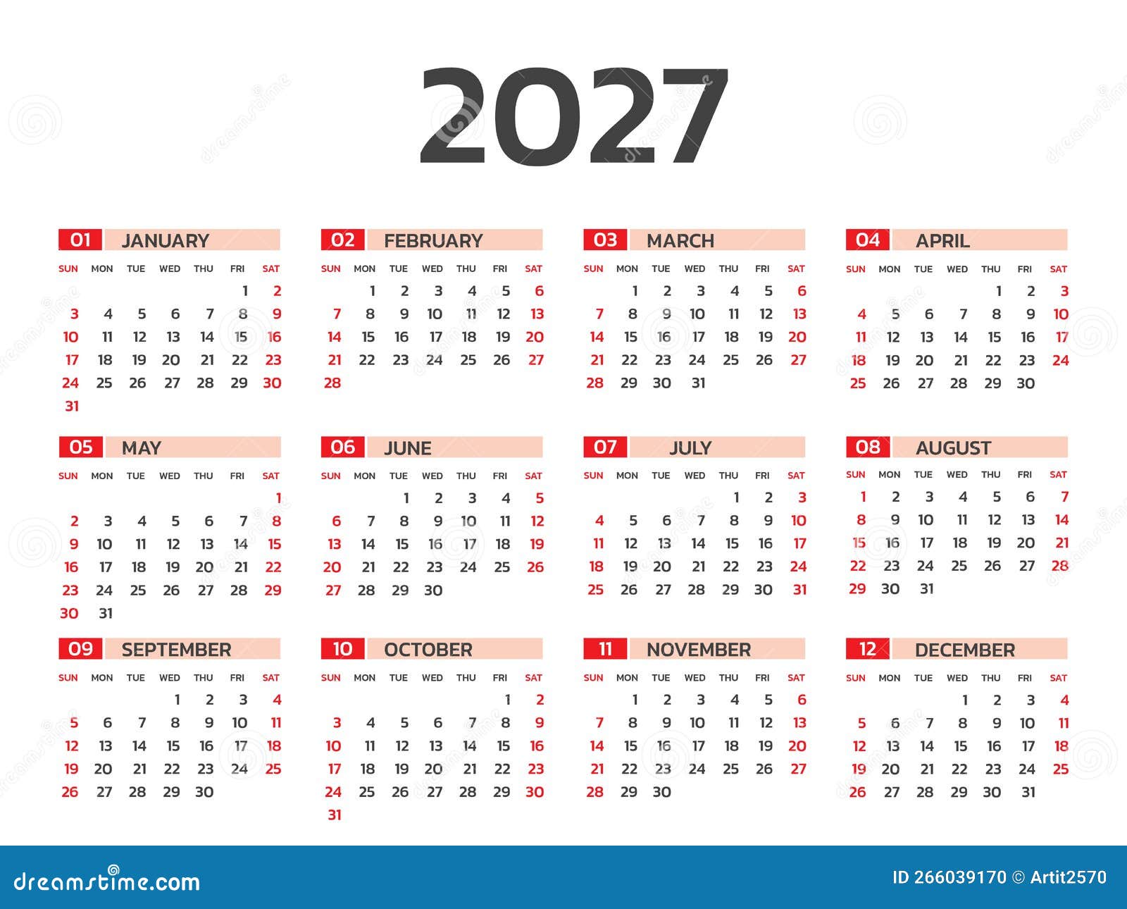 2027 Simple Horizontal Pocket Calendar Grid Template Isolated On White ... 2027 Simple Horizontal Pocket Calendar Grid Template Isolated On White ...