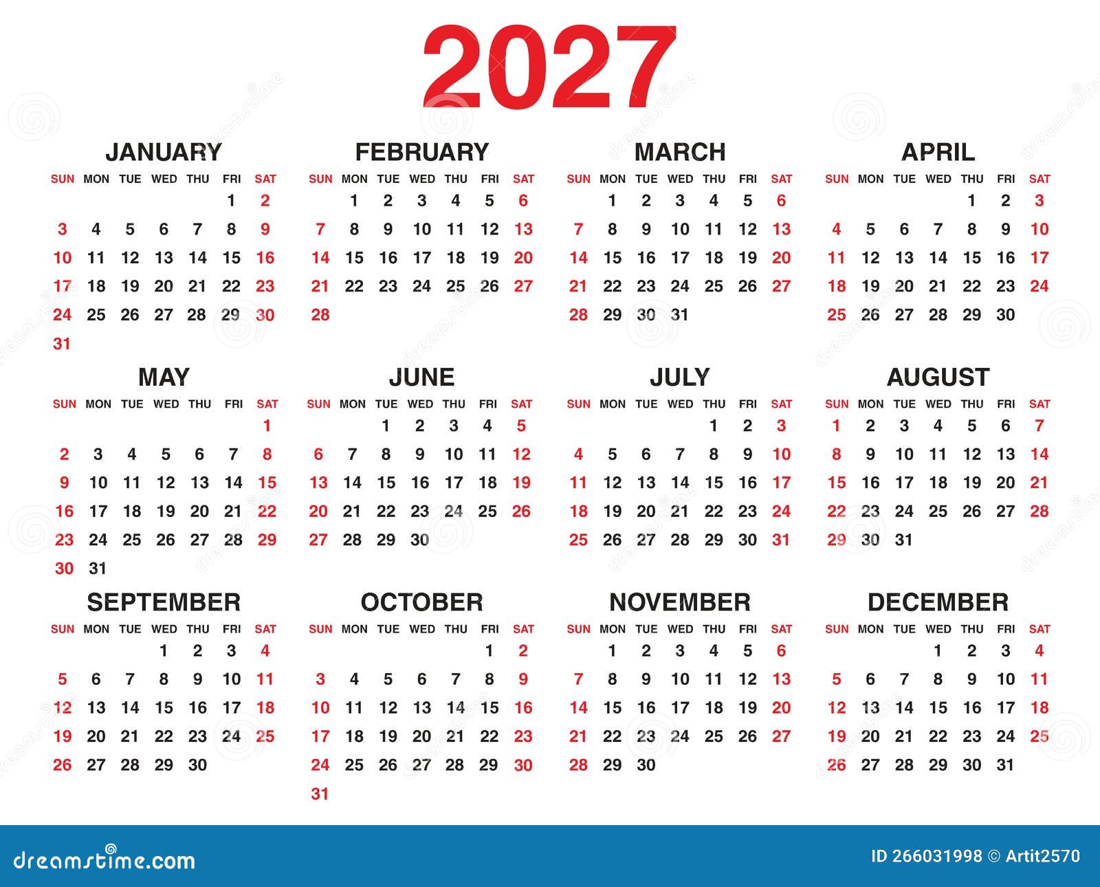 2027 Simple Horizontal Pocket Calendar Grid Template Isolated On White ... 2027 Simple Horizontal Pocket Calendar Grid Template Isolated On White ...