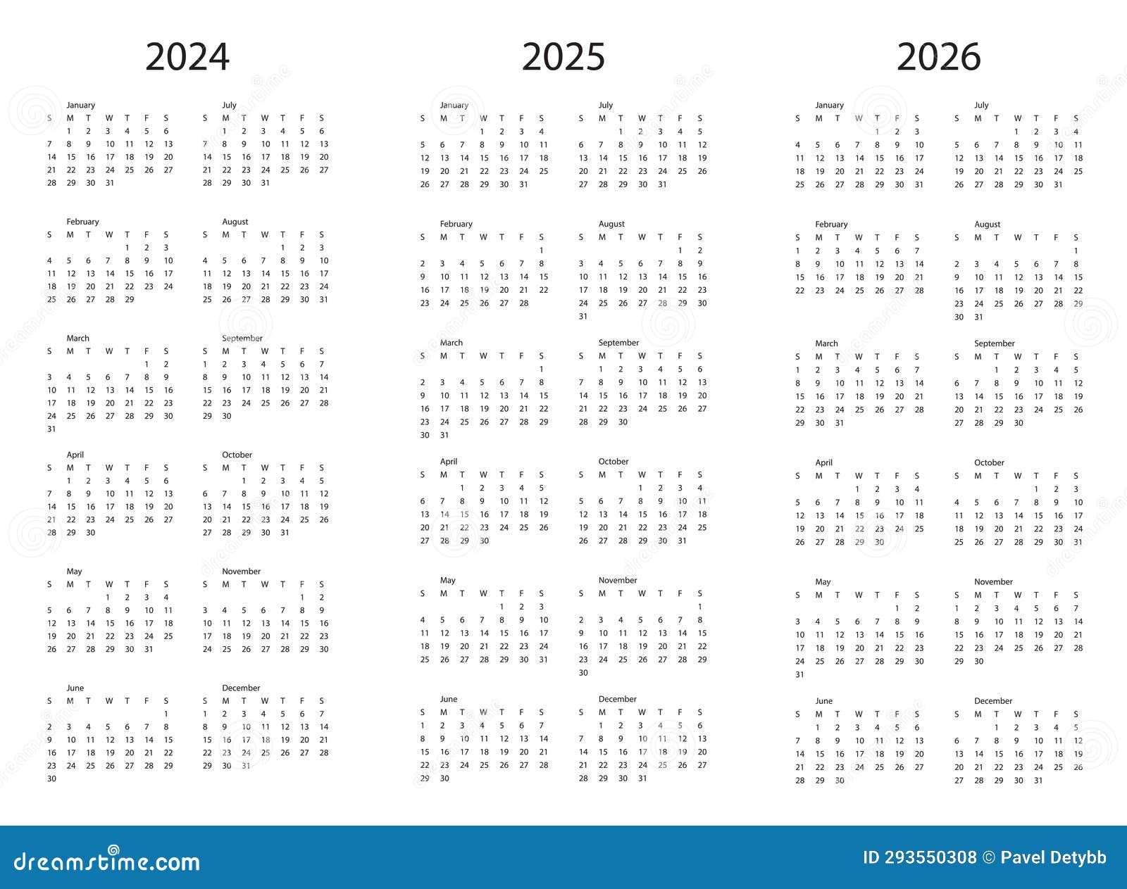 Calendar 2024 Year. Vector Illustration. the Week Starts on Sunday ...
