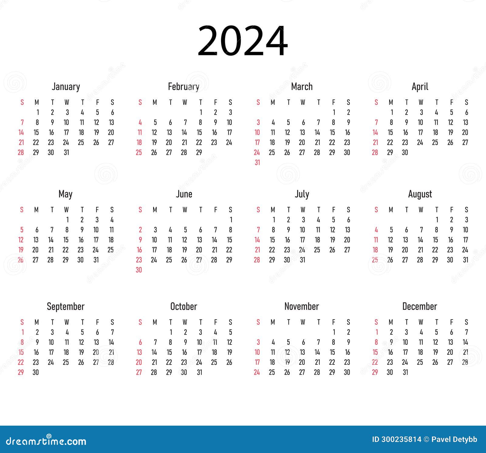 Calendar 2024 Year. Vector Illustration. the Week Starts on Sunday ...