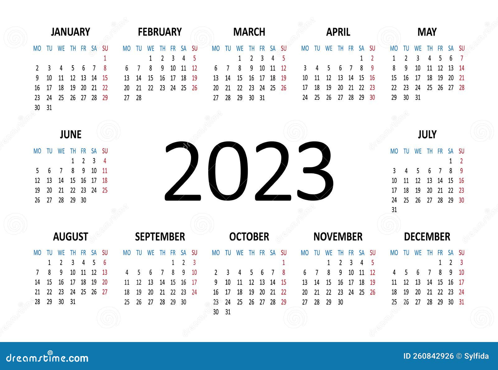 Calendar 2023 Year Vector Template. Week Starts on Monday Stock Vector ... Calendar 2023 Year Vector Template. Week Starts on Monday Stock Vector ...