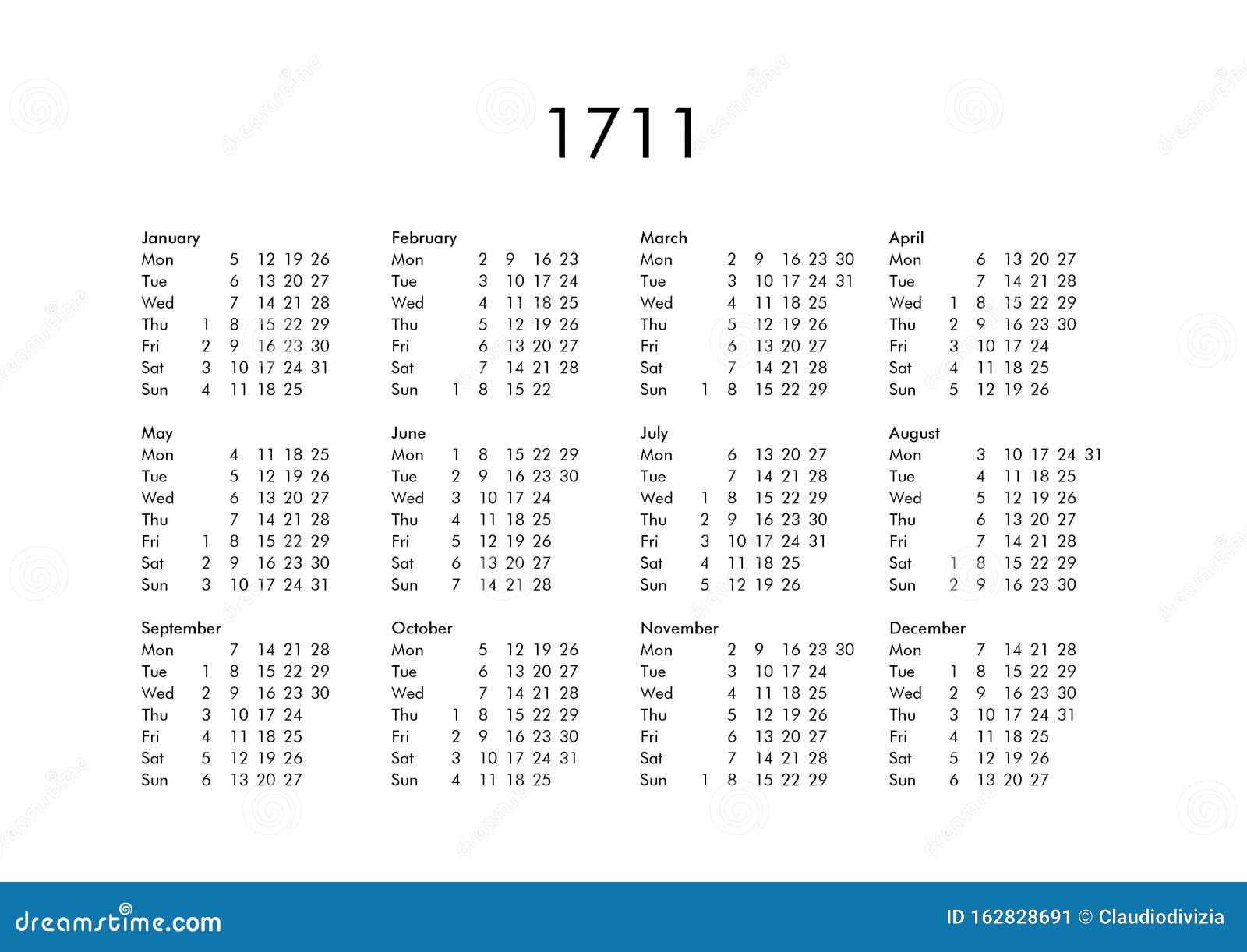 Calendar of year 1711 stock illustration. Illustration of time - 162828691