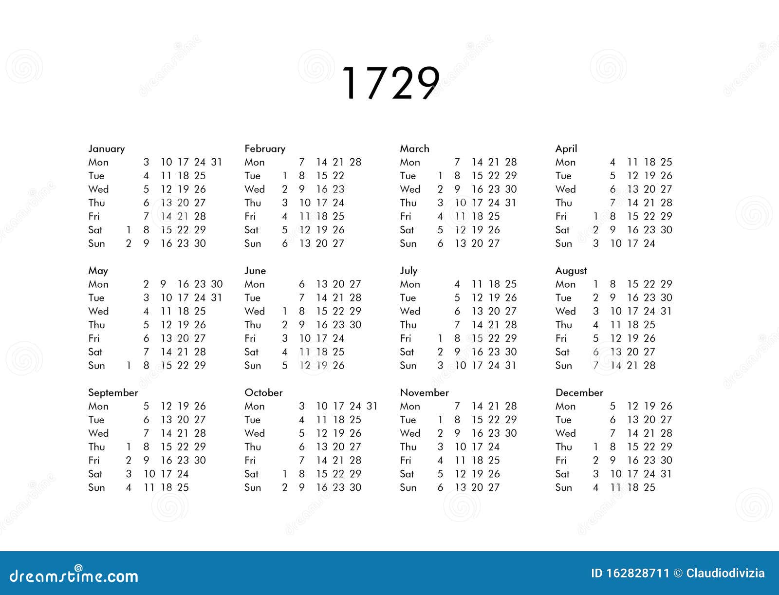 Calendar of year 1729 stock illustration. Illustration of ancient ...