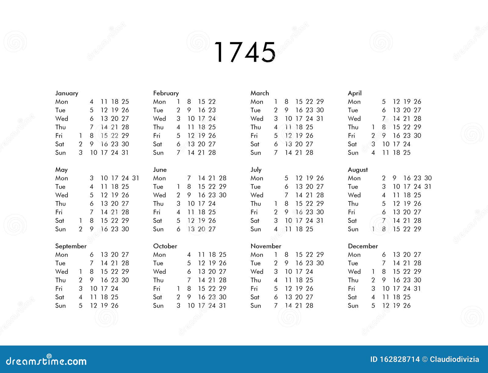 Calendar of year 1745 stock illustration. Illustration of calendar ...