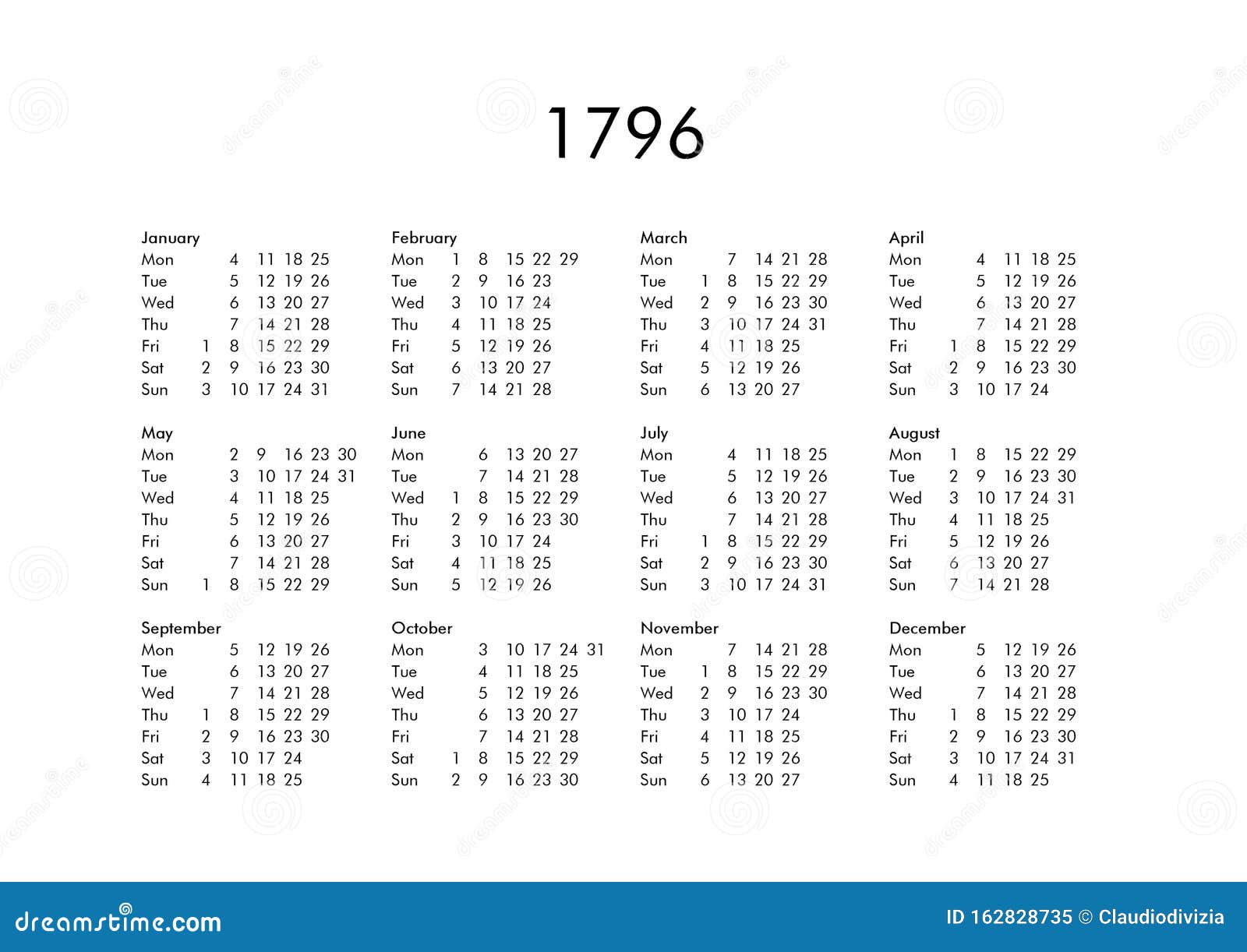 Calendar of year 1796 stock illustration. Illustration of time - 162828735