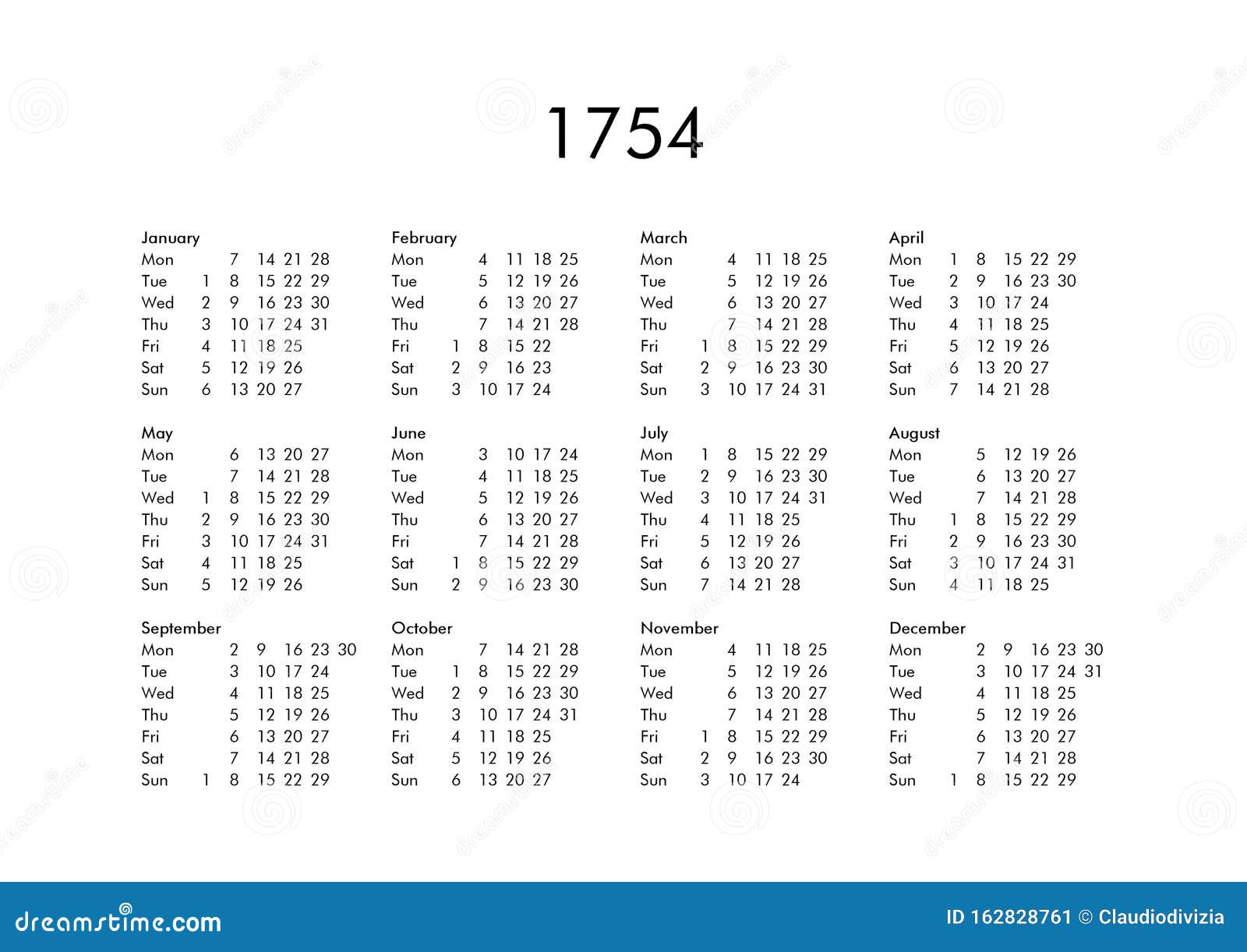 Calendar of year 1754 stock illustration. Illustration of 1754 - 162828761