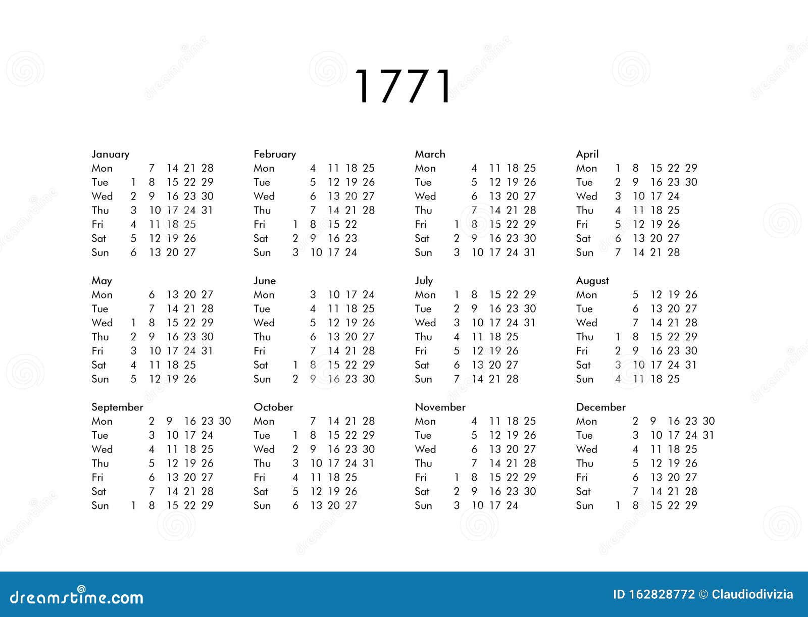 Calendar of year 1771 stock illustration. Illustration of calendars ...
