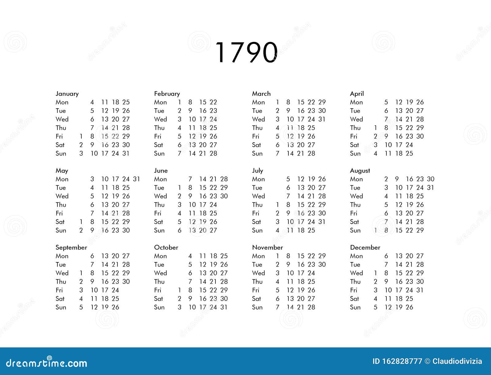 Calendar of year 1790 stock illustration. Illustration of 1790 - 162828777