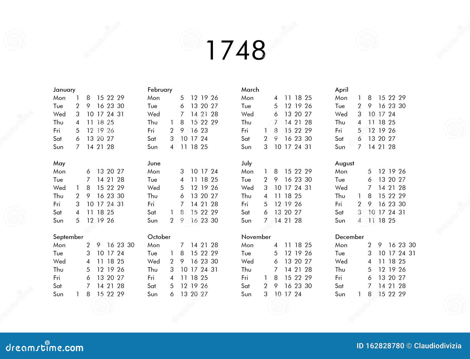 Calendar of year 1748 stock illustration. Illustration of date - 162828780