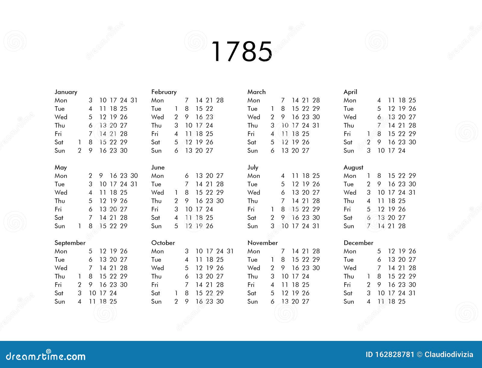 Calendar of year 1785 stock illustration. Illustration of week - 162828781