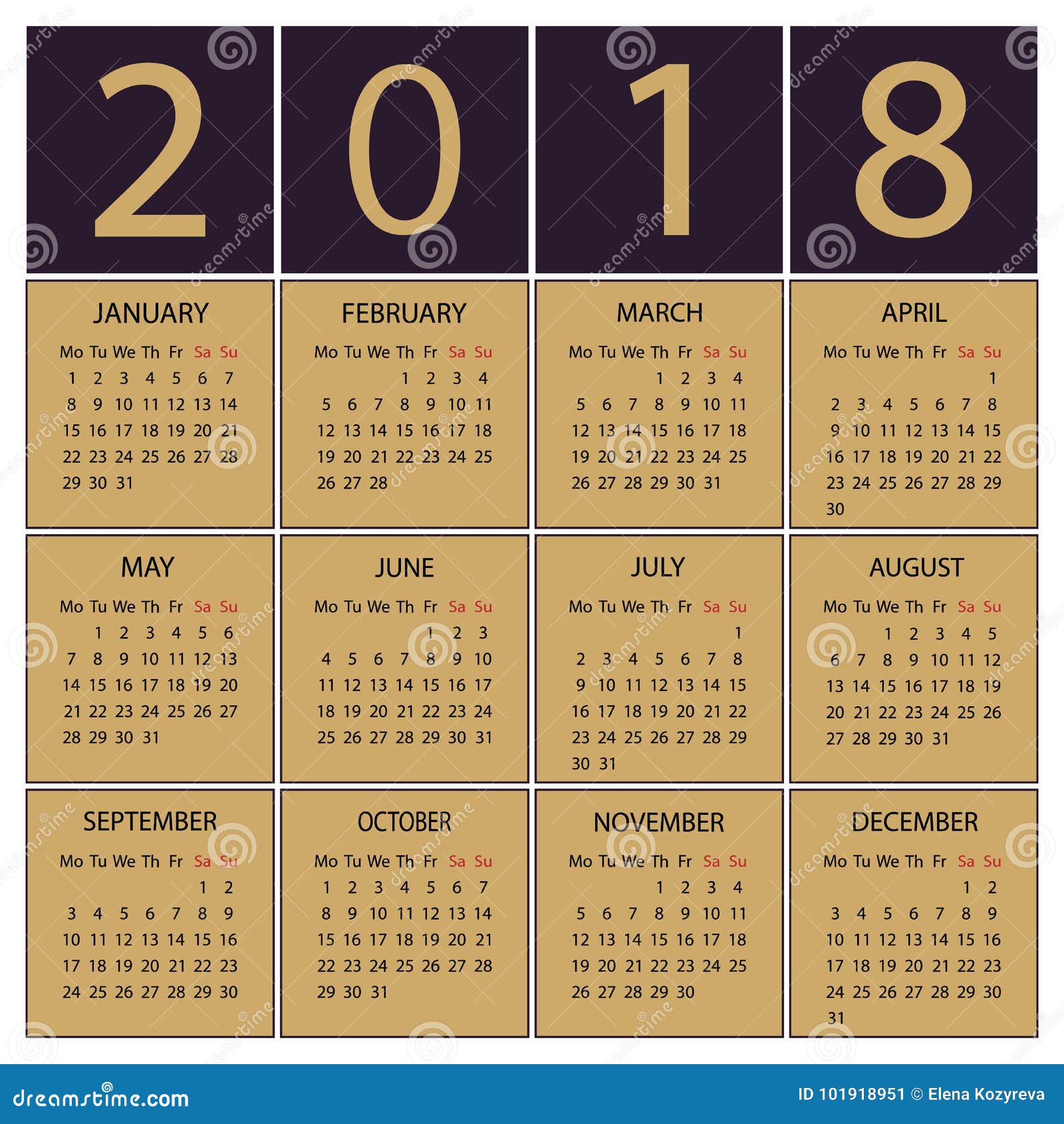 Calendar 2018 Year. Week Starts with Monday Stock Vector - Illustration ...