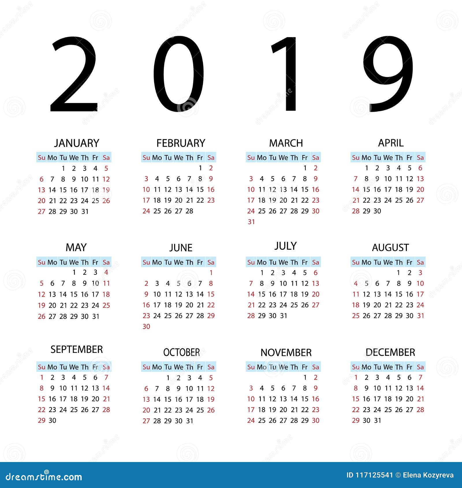 Calendar 2019 Year. Week Starts with Sunday Stock Vector - Illustration ...