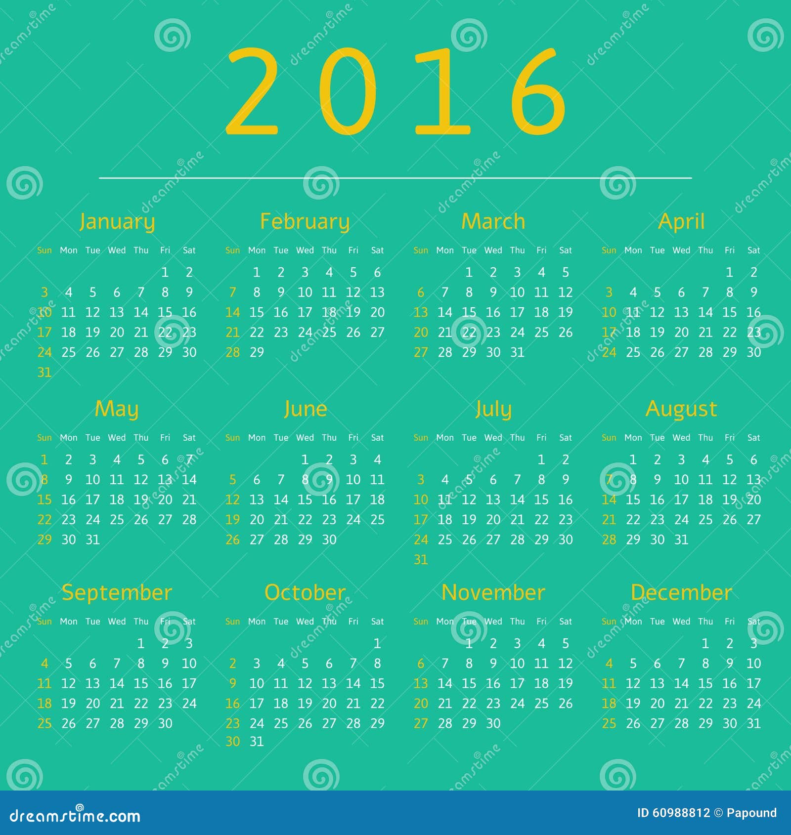 Calendar 2016 Year, Week Starts with Sunday Stock Vector - Illustration ...