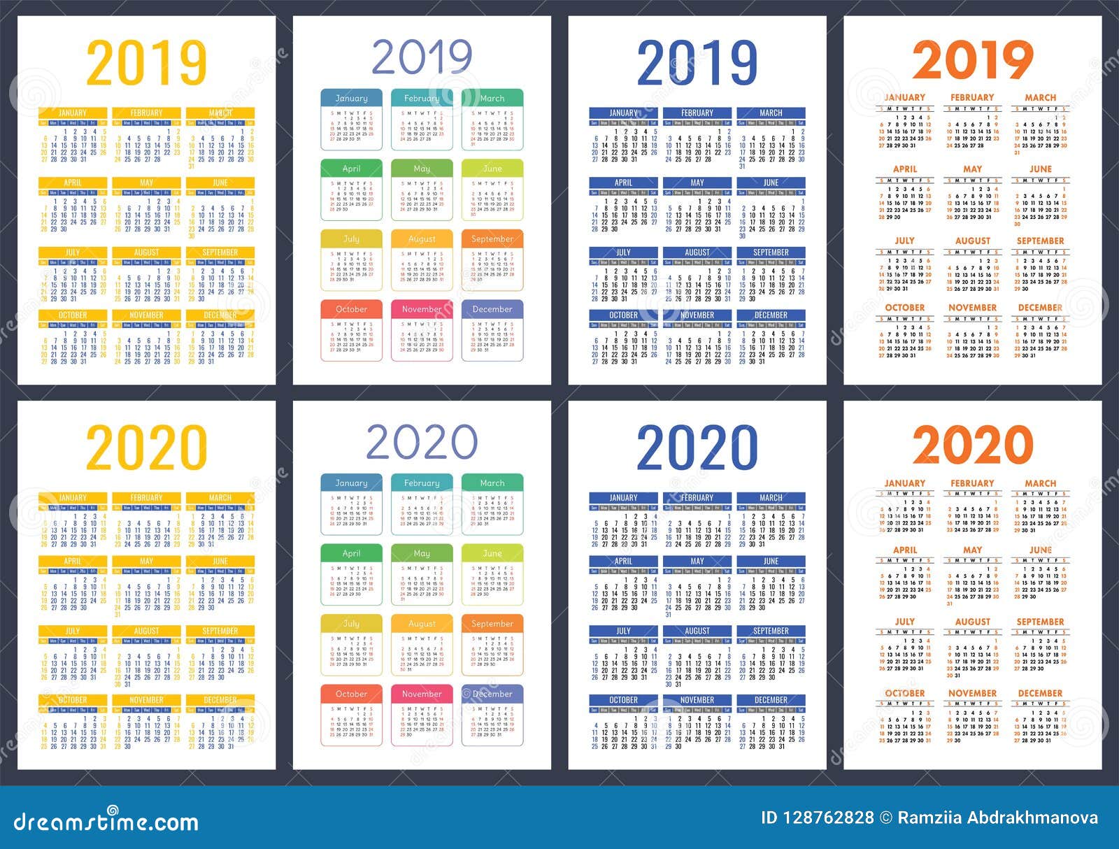 Calendar 2019, 2020 Years. Basic Vector Set. Week Starts on Sunday ...