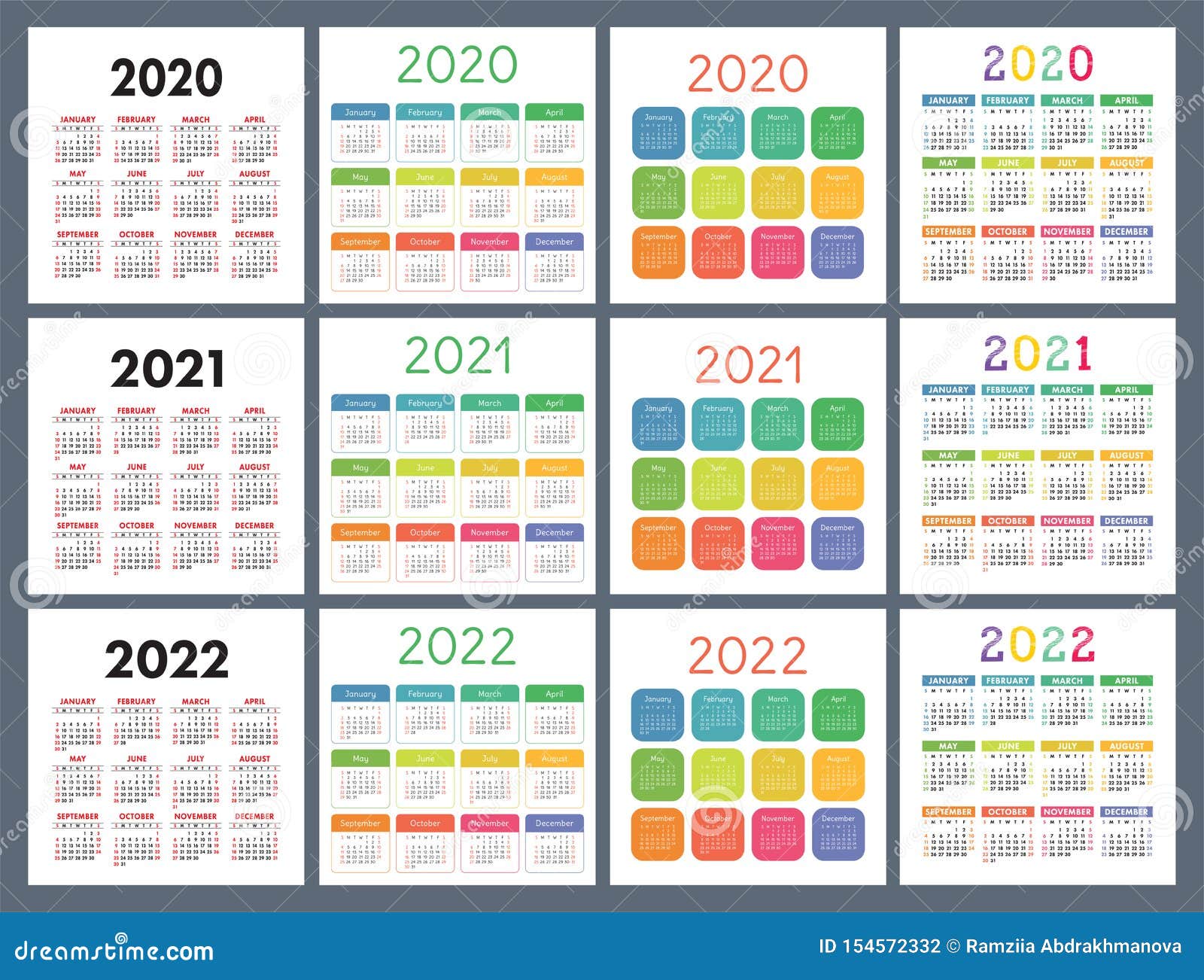 Calendar 2020, 2021, 2022 Years. Pocket Calender. Colorful Set. Week ...