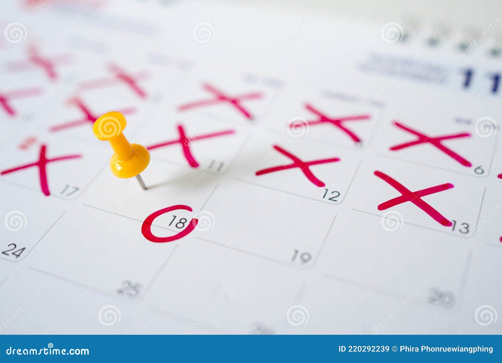 Calendar with Yellow Pins on the 18th. Yellow Pins are the Dates of the ...