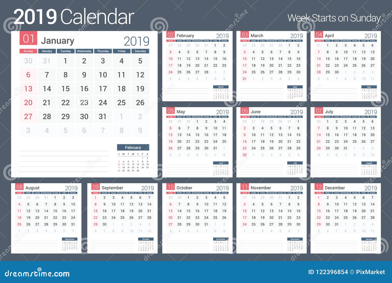 Calendario 2019 illustrazione vettoriale. Illustrazione di stampa ...