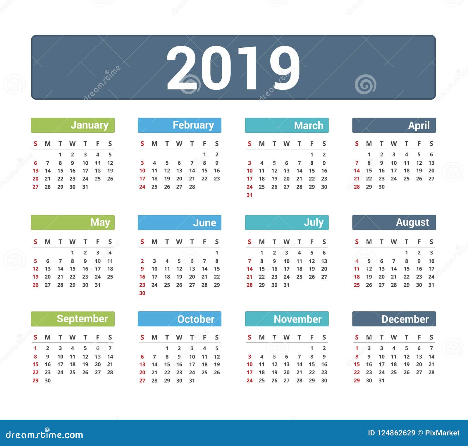 Calendario 2019 illustrazione vettoriale. Illustrazione di mensile ...