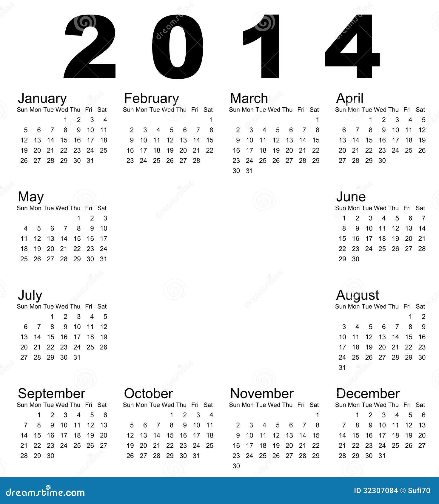 Calendario 2014 ilustración del vector. Ilustración de fecha - 32307084