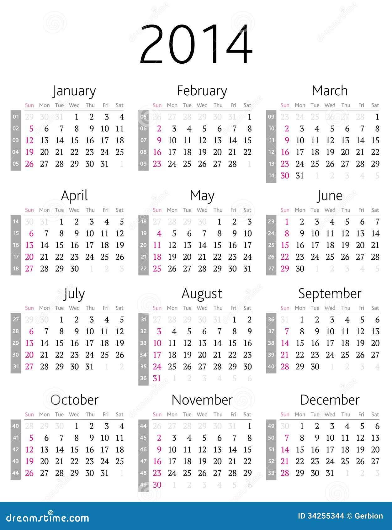 Calendario 2014 ilustración del vector. Ilustración de fecha - 34255344