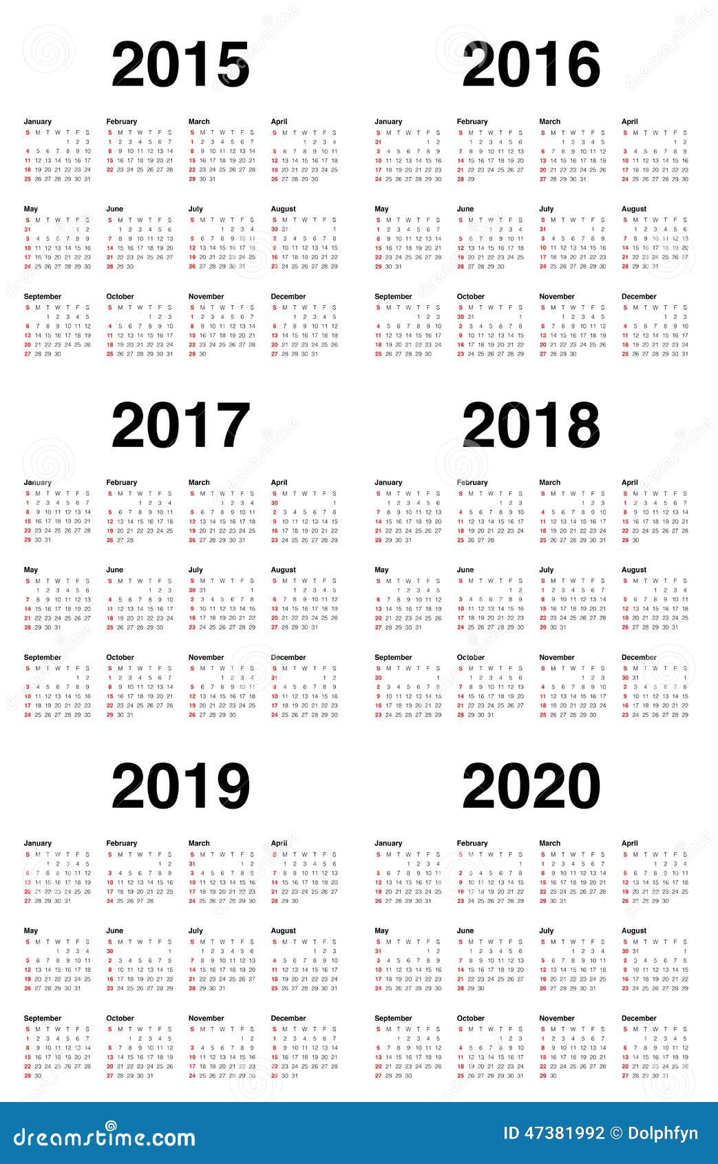 Calendario 2015 2016 2017 2018 2019 2020 Ilustración del Vector ...