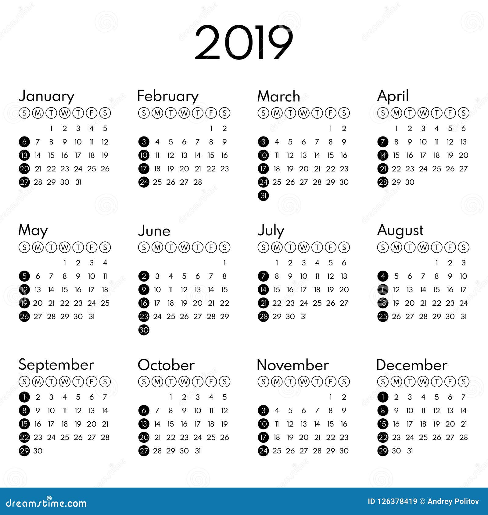 Calendario Blanco Y Negro 2019, Comienzo Domingo Ilustración del Vector ...