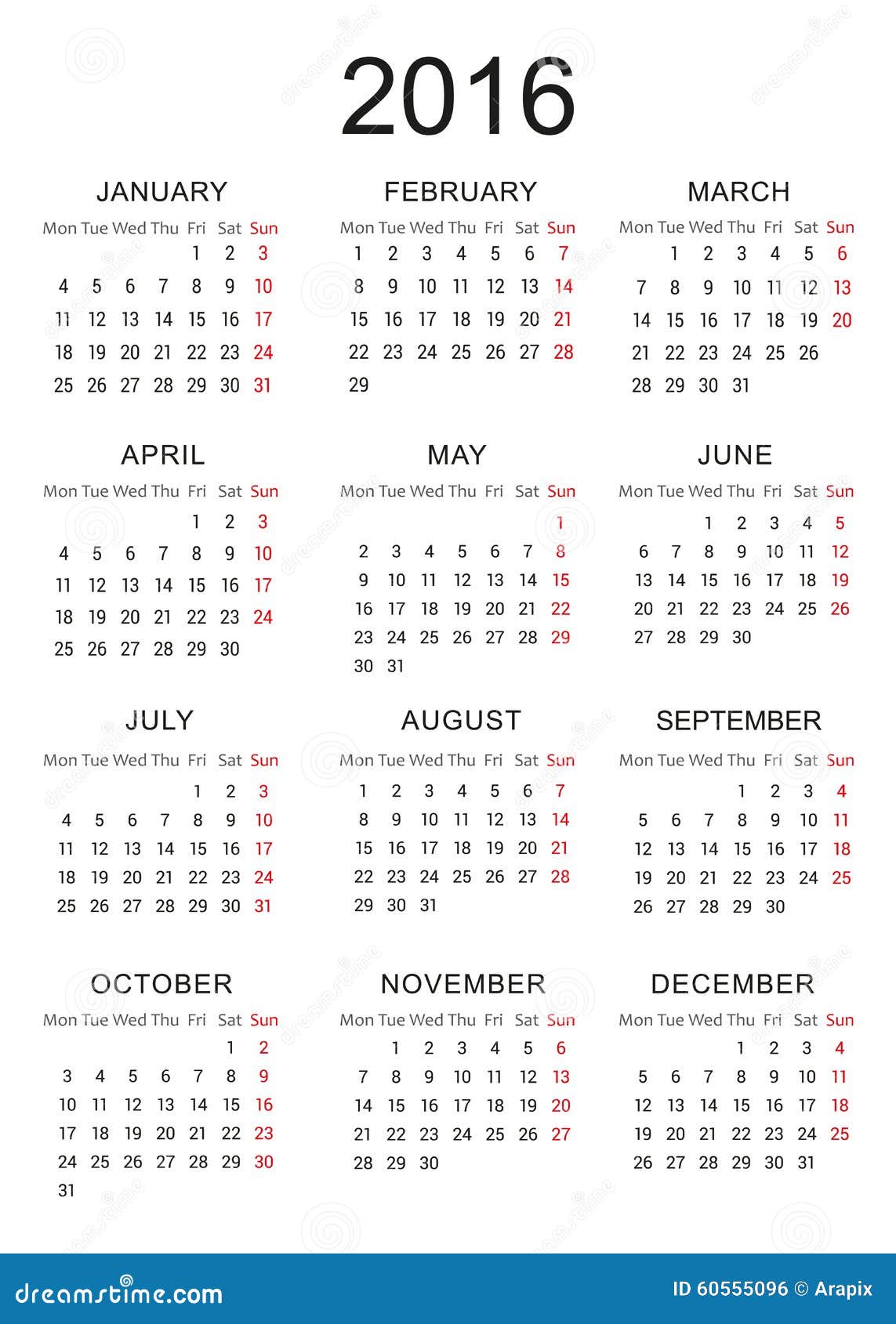Calendario de 2016 ilustración del vector. Ilustración de calandre ...