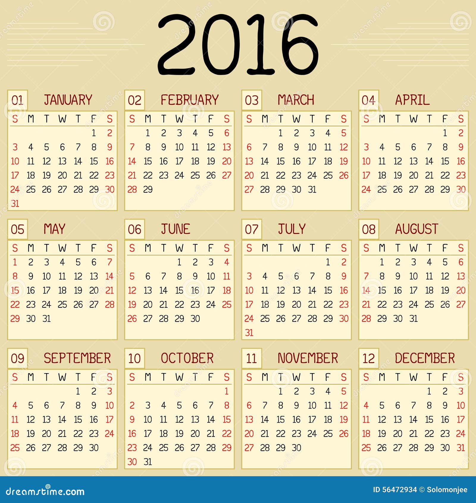 Calendario Del Año 2016 Ilustración del Vector - Imagen: 56472934