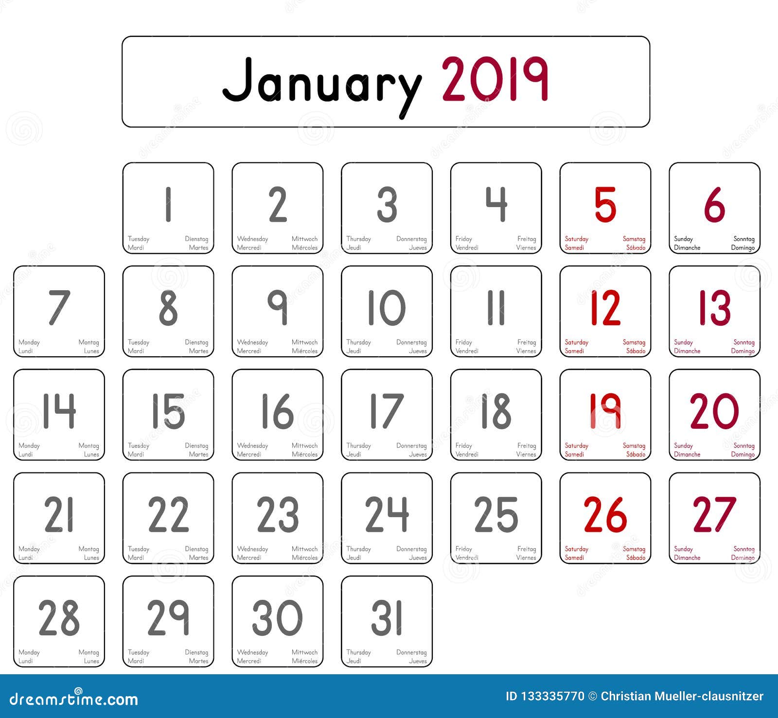 Calendario Del Mes De Enero De 2019 Ilustración del Vector ...