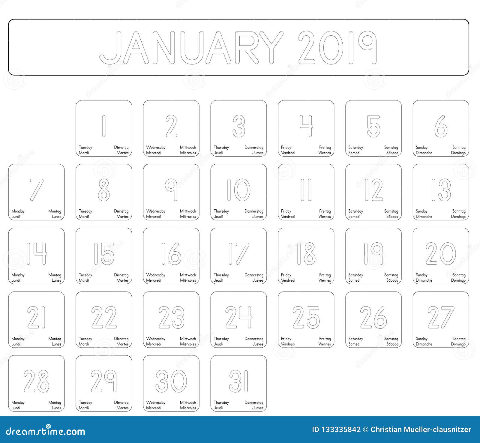 Calendario Del Mes De Enero De 2019 Ilustración del Vector ...