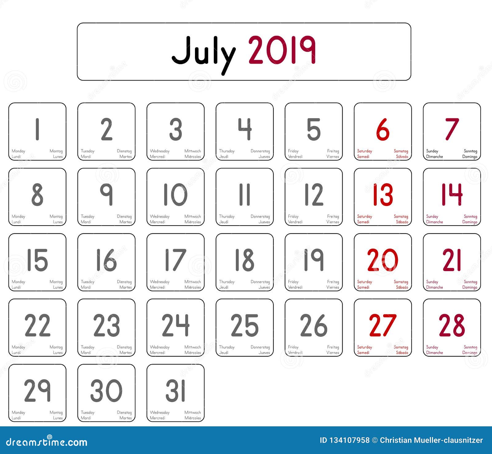 Calendario Del Mes De Julio De 2019 Ilustración del Vector ...