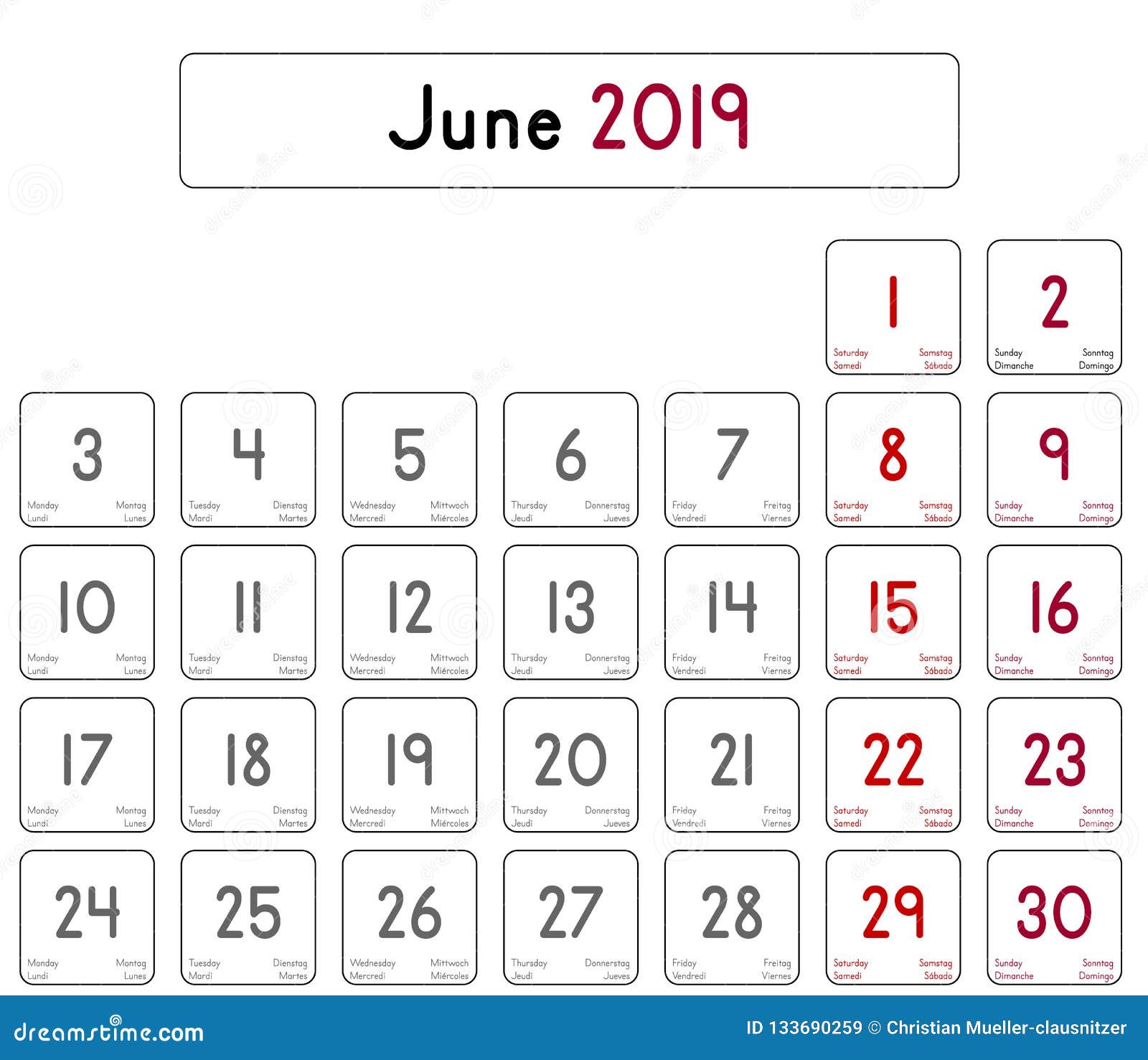 Calendario Del Mes De Junio De 2019 Ilustración del Vector ...