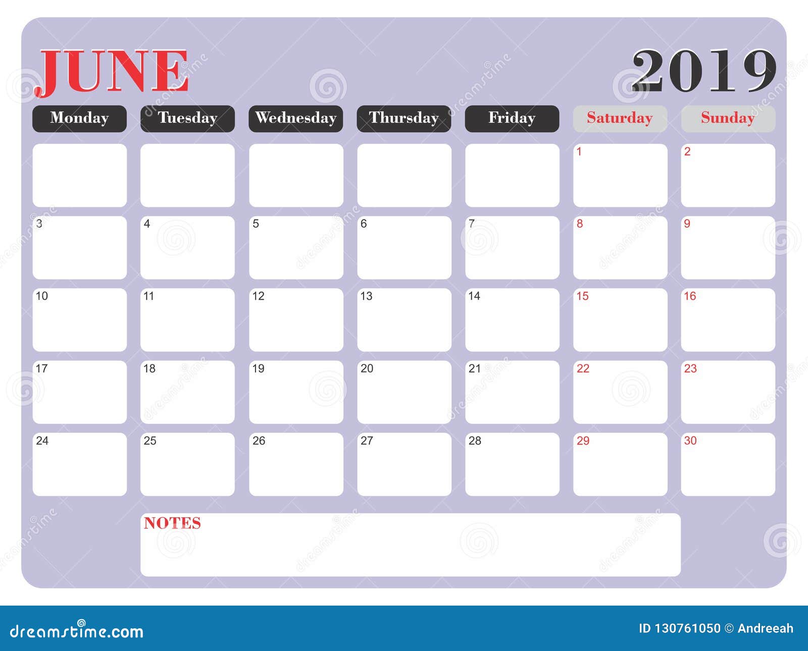 2019 Calendario Del Planificador - Vector Junio Ilustración del Vector ...