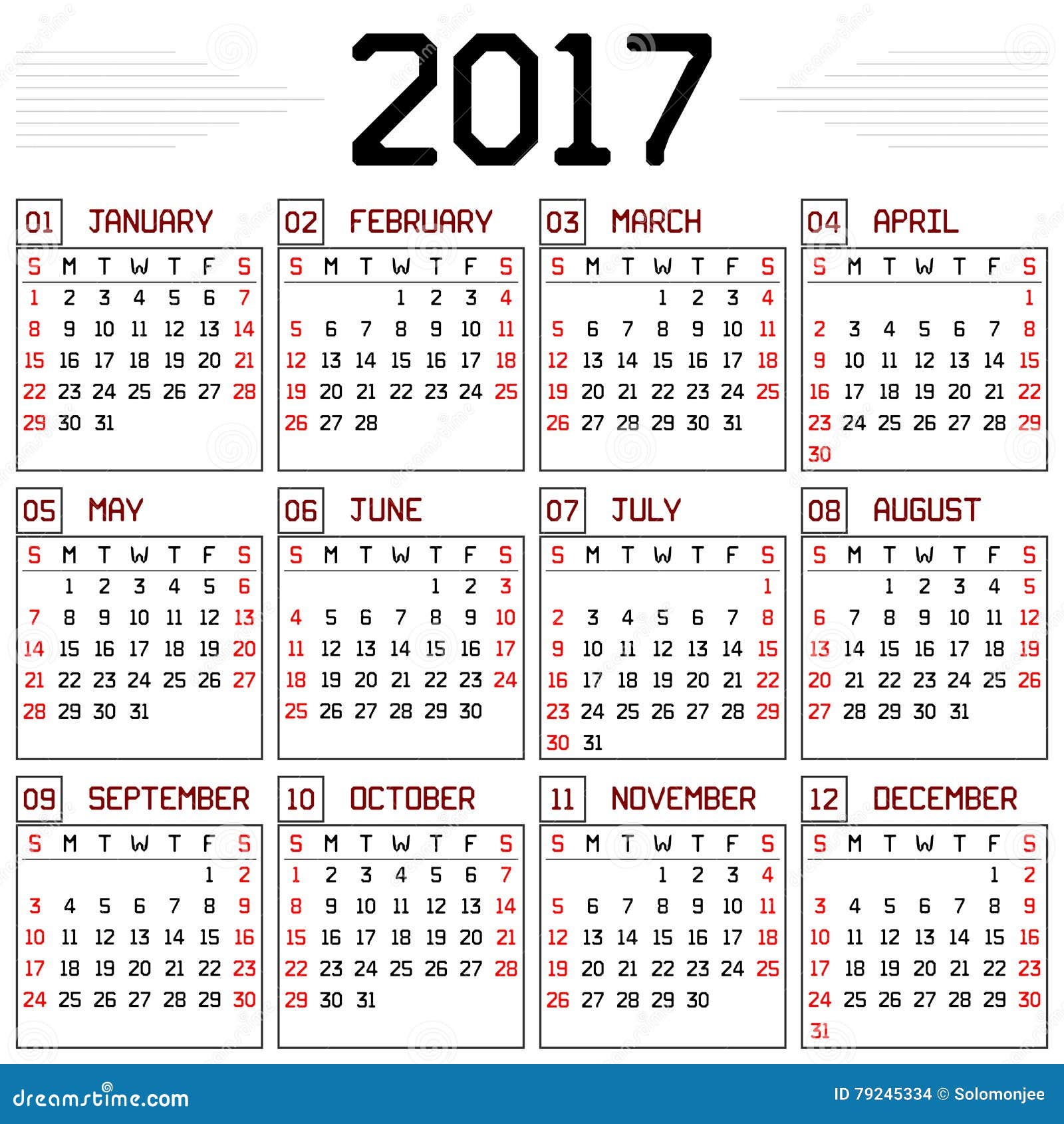 Calendario di anno 2017 illustrazione vettoriale. Illustrazione di ...