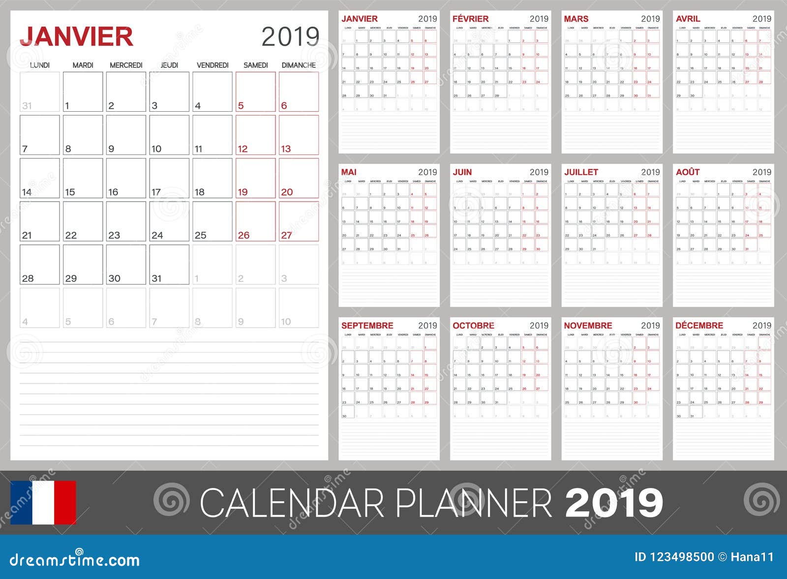 Calendario francés 2019 ilustración del vector. Ilustración de lunes ...
