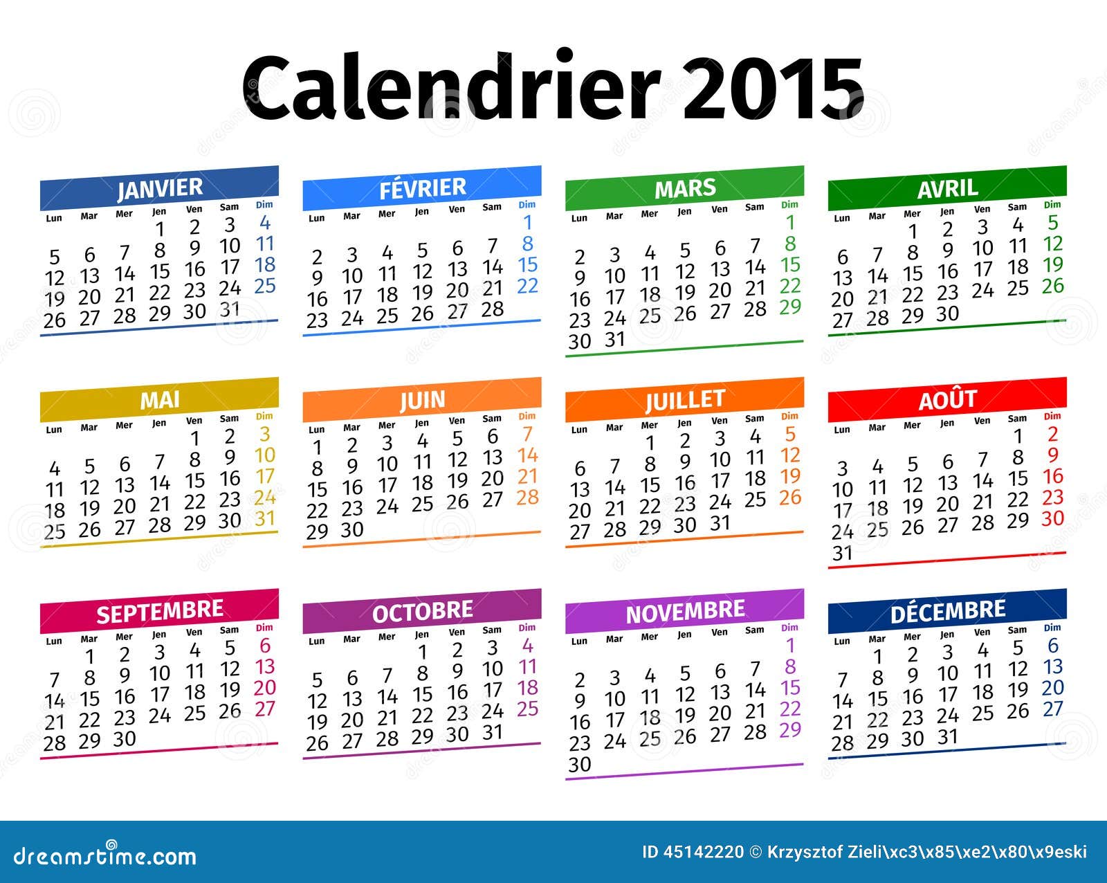 Calendario francés 2015 ilustración del vector. Ilustración de jueves ...