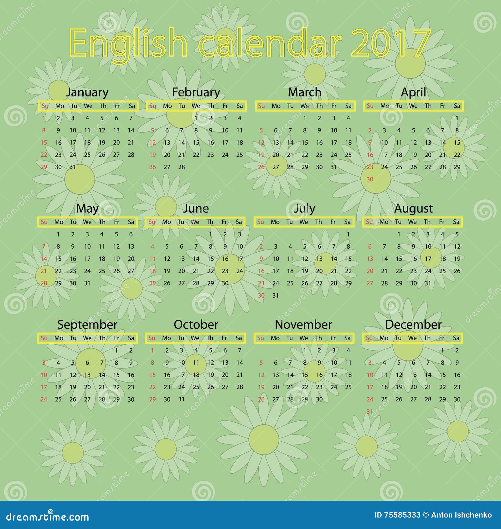 Calendario inglese 2017 illustrazione vettoriale. Illustrazione di ...