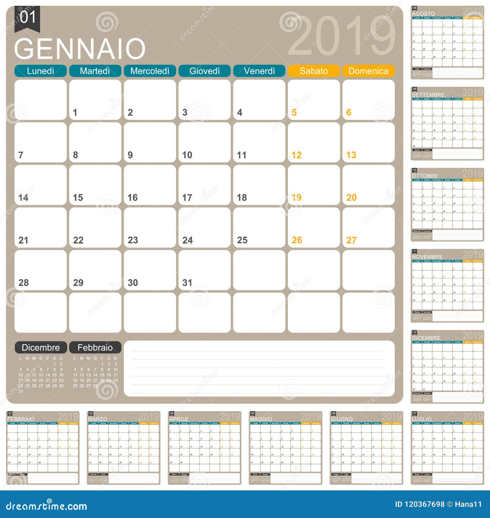Calendario italiano 2019 ilustración del vector. Ilustración de ...