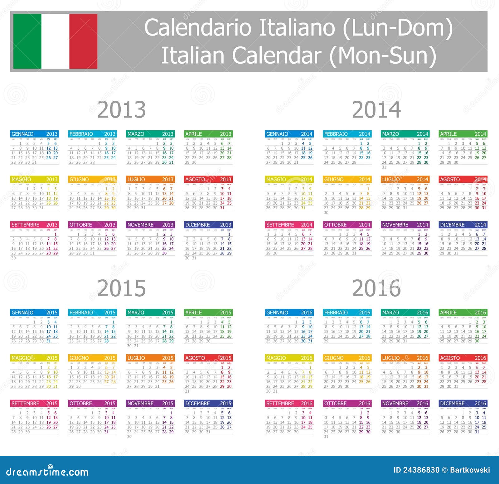 Calendario Italiano 2013-2016 Del Tipo 1 Lunes-Sun Ilustración del ...