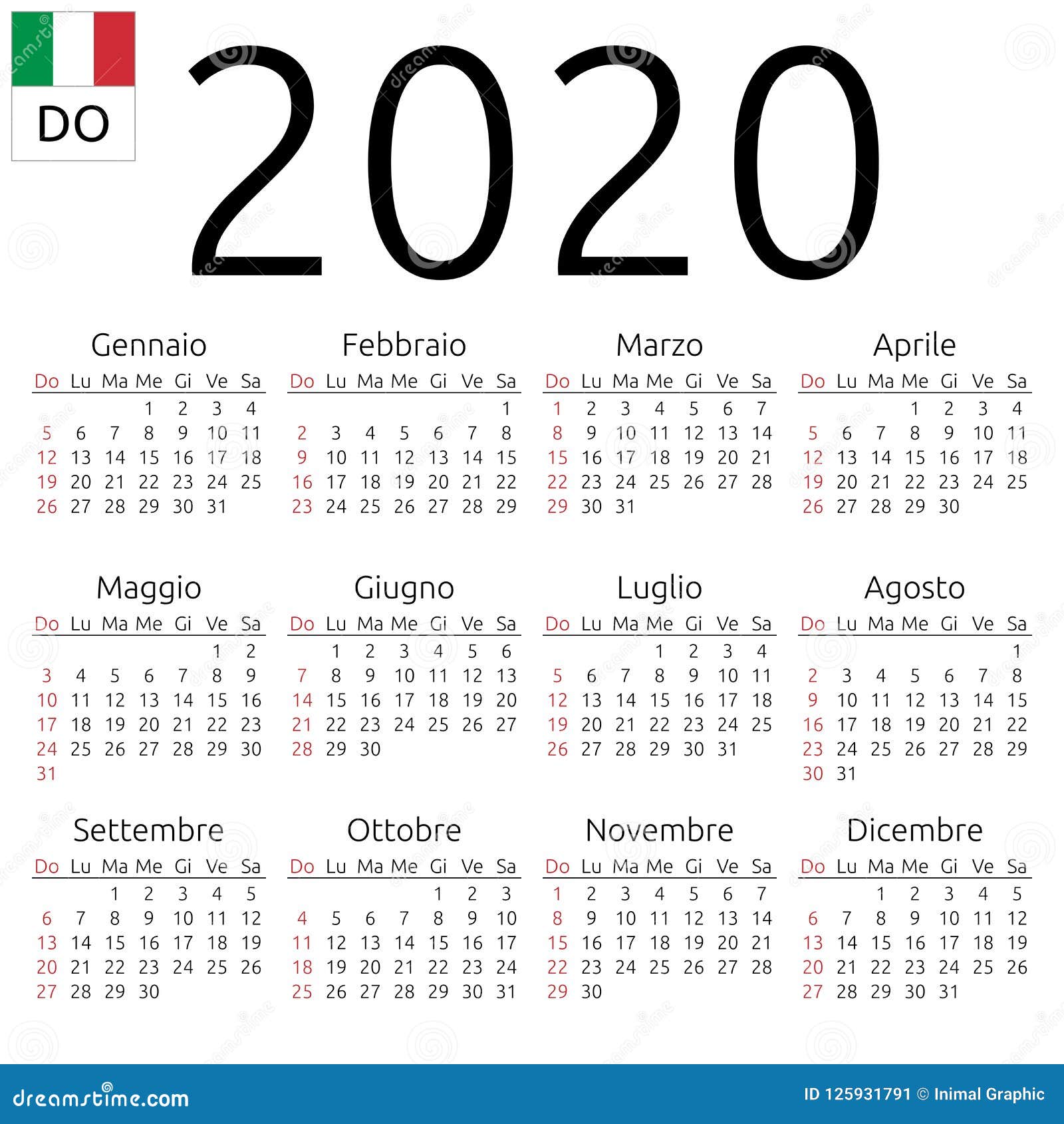 Calendario 2020, Italiano, Domingo Ilustración del Vector - Ilustración ...
