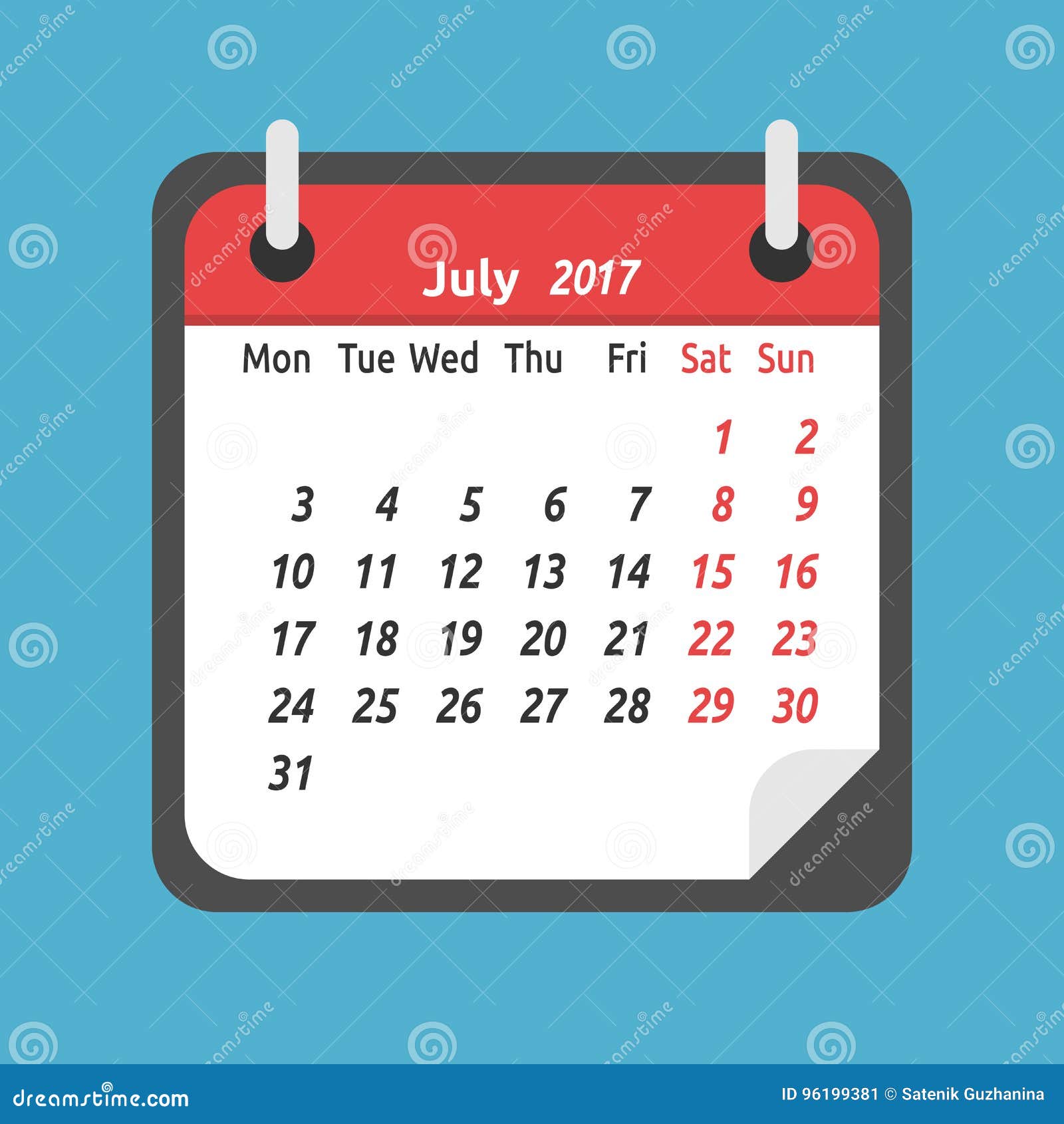 Calendario Mensile, Luglio 2017 Illustrazione Vettoriale ...