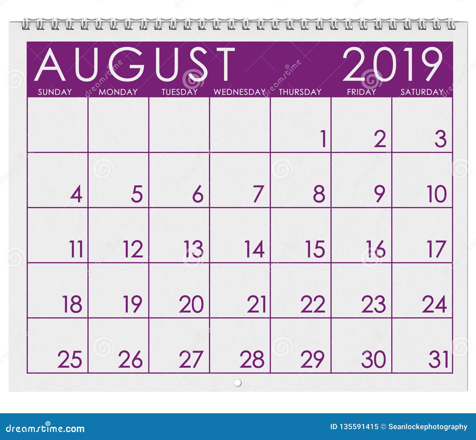 2019: Calendario: Mes De Agosto Imagen de archivo - Imagen de horario ...